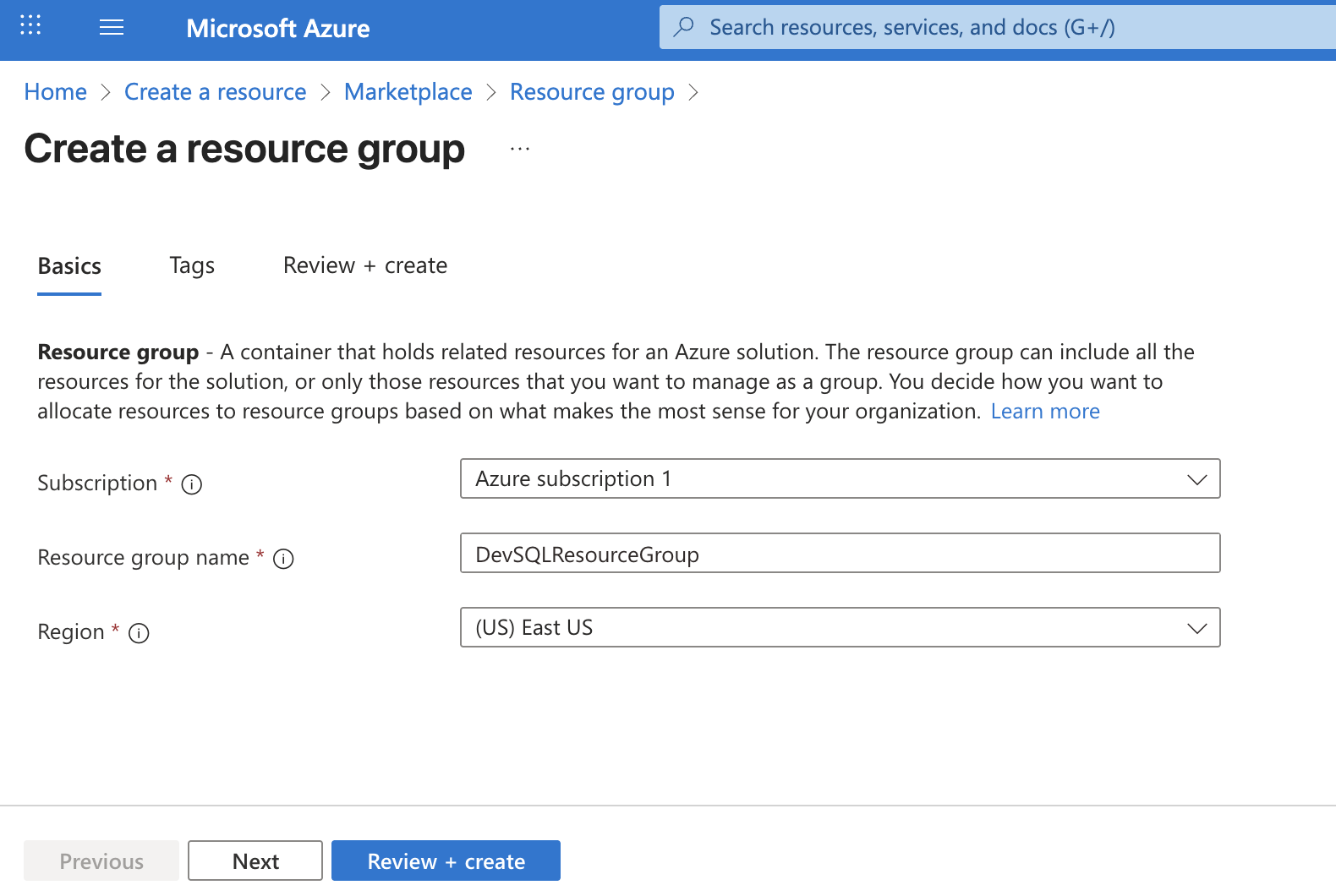 Create a Resource Group in the Azure Portal